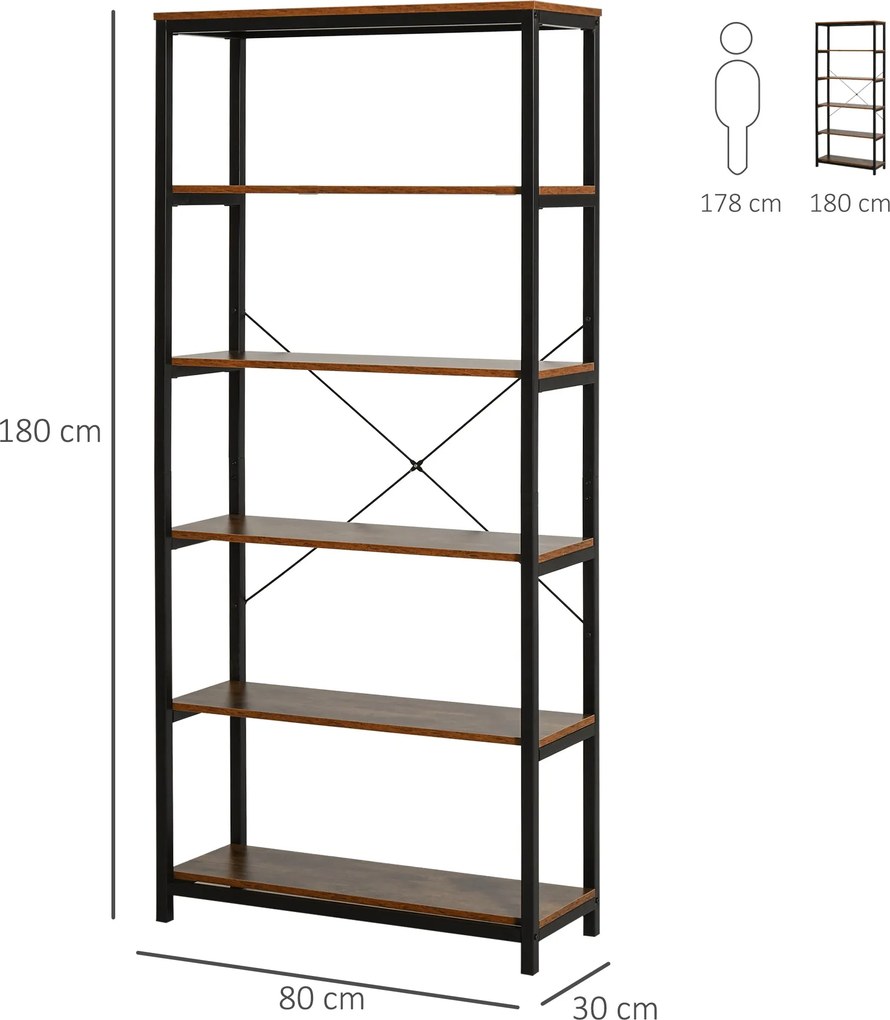 HOMCOM Retro Knihovna v Průmyslovém Stylu s 6 Otevřenými Policemi pro Knihy a Protipádovým Systémem pro Obývací Pokoj a Kancelář 80x30x180 cm v Rusti…