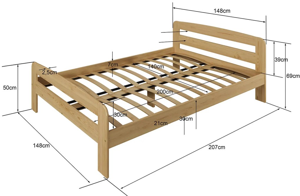 Postel z masivu 140x200 Nastěnka dub s roštem