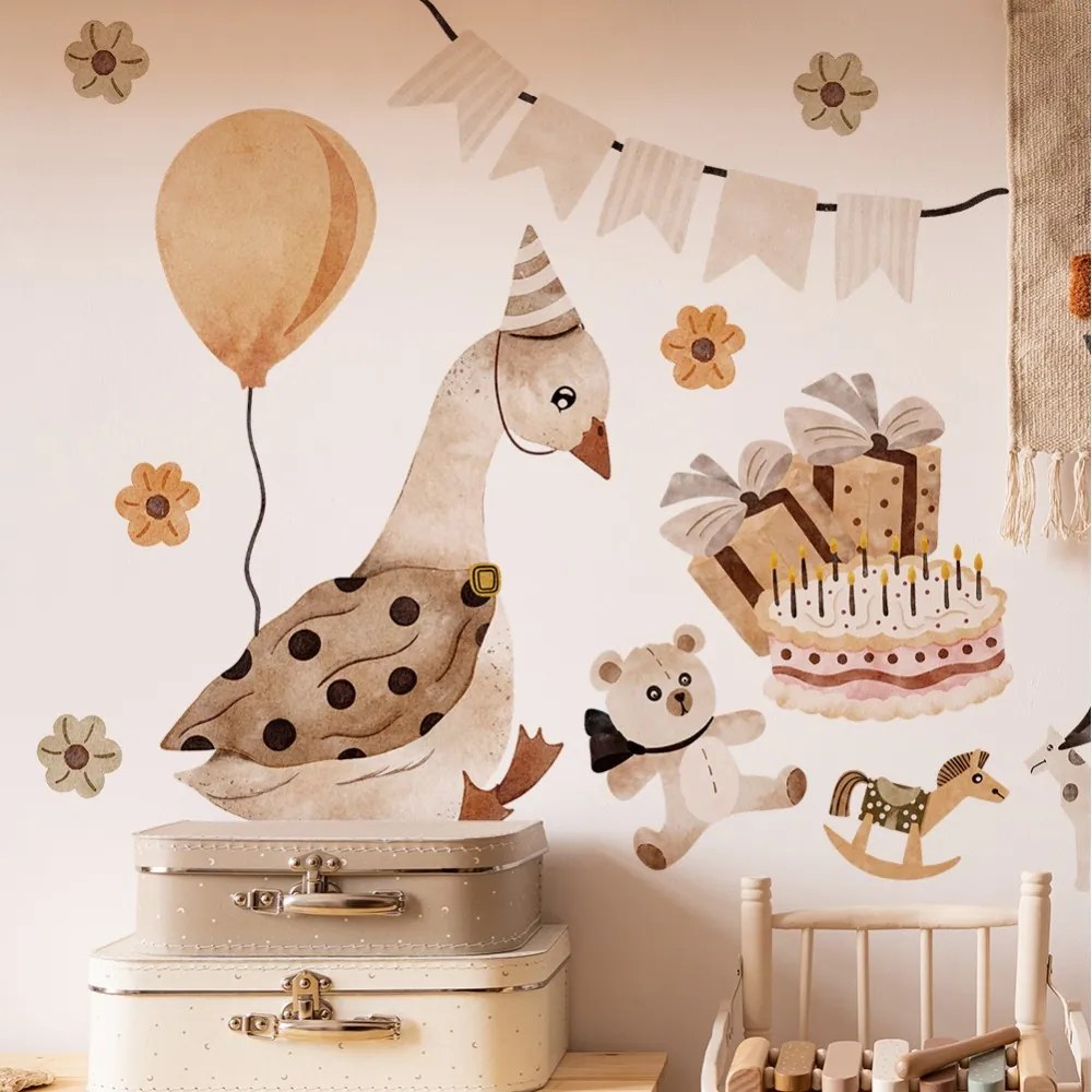 Gario Dětská nálepka na zeď Goose vintage birthday - husa s balonem a dortem