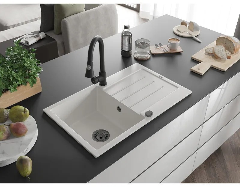 Mexen Bruno, 1-komorový granitový dřez 795x495x200 mm a dřezová baterie Elia, bílá, 6513-20-670101-70