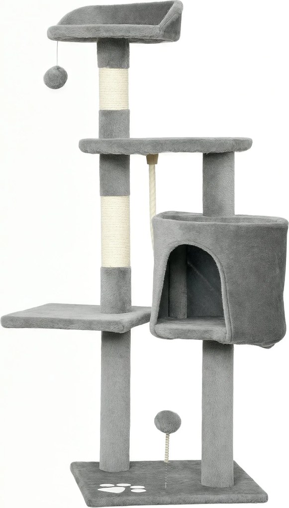Strom pro kočky PawHut s více vybavením - škrabadla, platformy, skrýš, lanové hračky 40D x 40Š x 114V cm Šedý