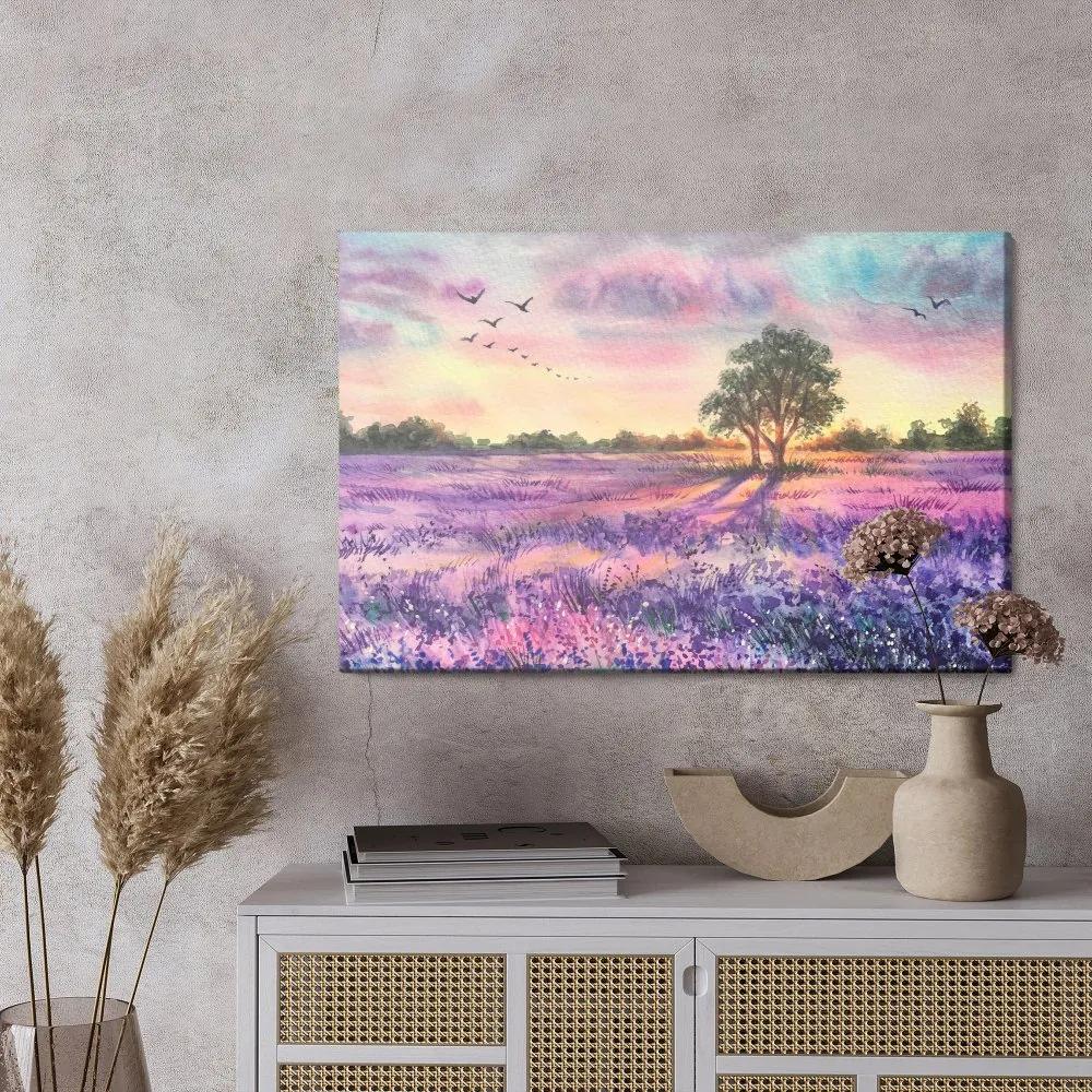 Obraz Levandulová Krajina Malovaná Akvarelem Nedostatek Nedostatek Plátno Canvas 120x80
