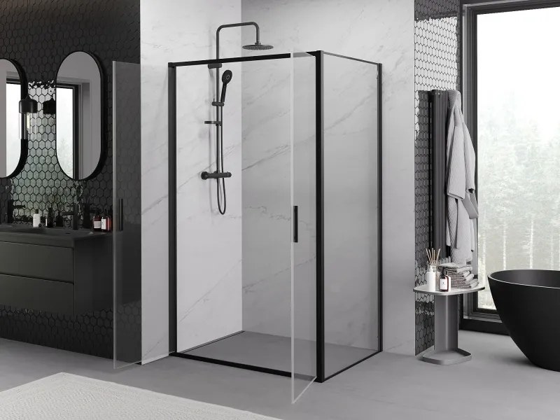 Mexen Exo, výklopná sprchová kabina, dveře 120 cm + boční stěna 90 cm, transparentní sklo, černá, 814-120-090-70-00