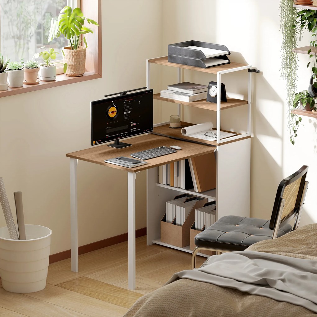 HOMCOM Skládací psací stůl, kuchyňský stůl se 4 policemi, počítačový stůl, pracovní stůl, stůl pro notebook 105 x 60 x 127 cm, přírodní dřevo