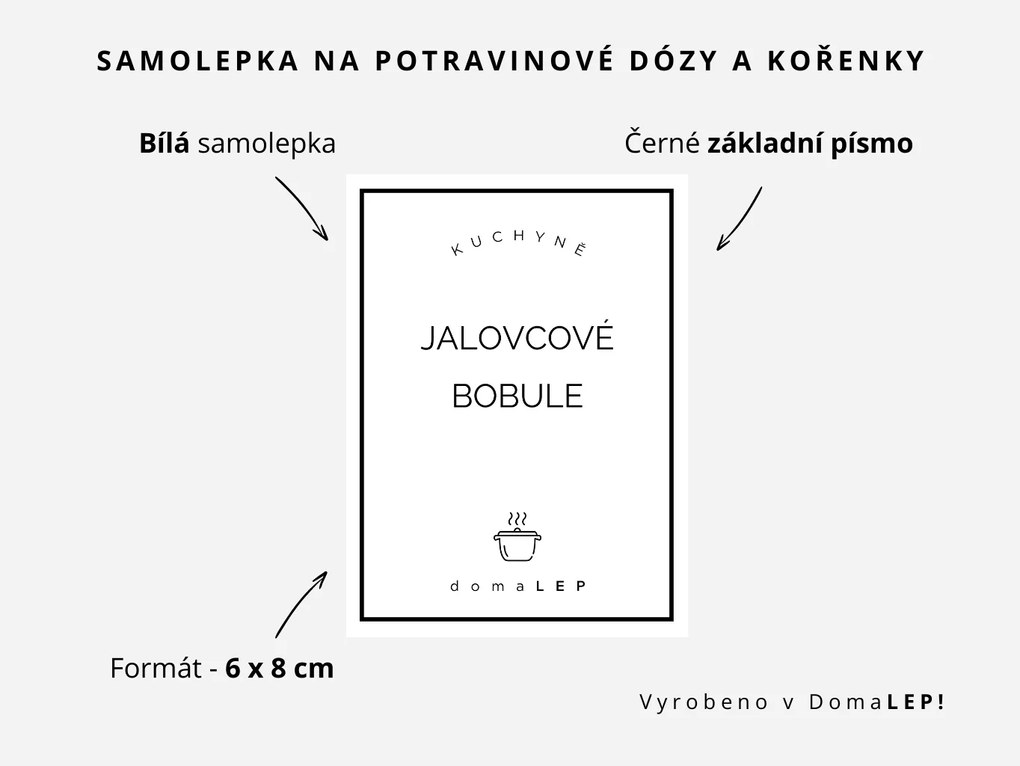 JALOVCOVÉ BOBULE - omyvatelná samolepka na kořenky, výběr rozměrů Ø 5 cm / 5 x 5 cm / 6 x 8 cm | DomaLEP tvar: KOLEČKO, barva: BÍLÁ - ČERNÉ písmo, velikost: Ø 5 cm - tučné písmo