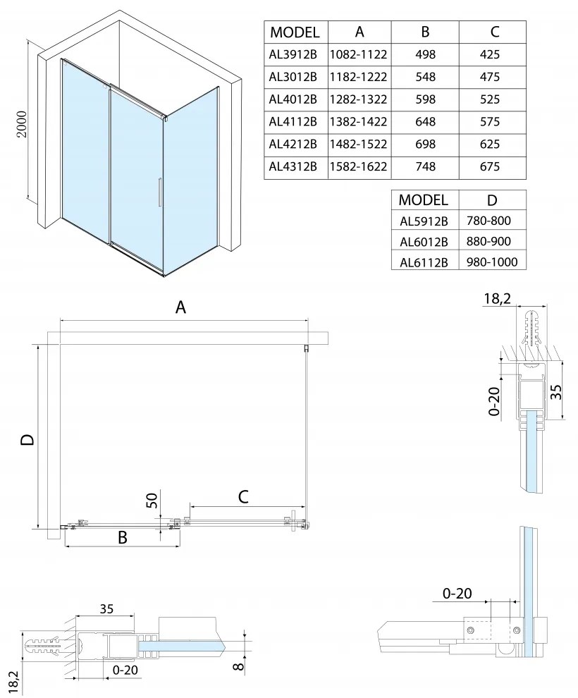 Polysan ALTIS BLACK posuvné dveře 1270-1310mm, výška 2000mm, čiré sklo AL4012B