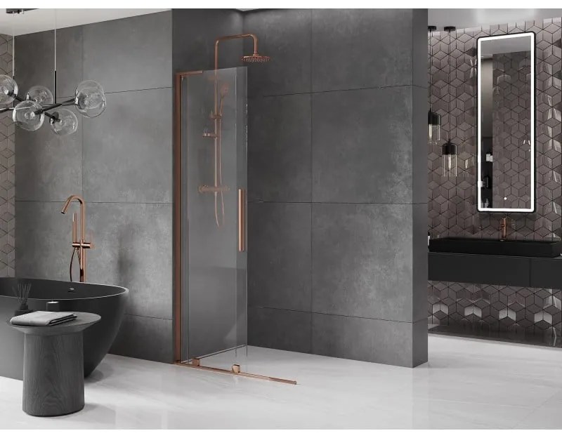 Mexen Velar L, posuvná sprchová zástěna Walk-in 100 x 200 cm, 8mm čiré sklo, růžové zlato, 871-100-003-03-60