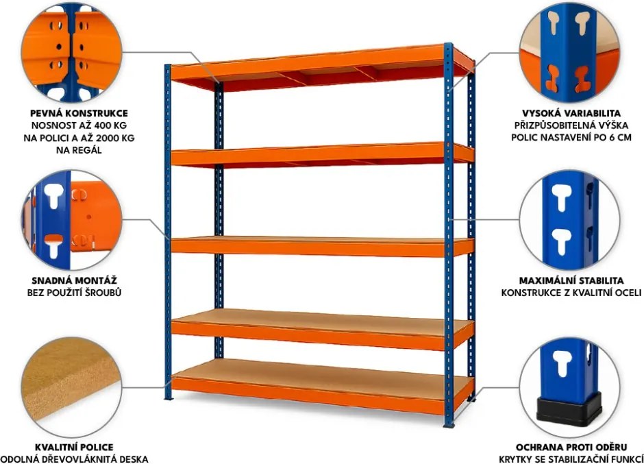 Akce 5x Regál 3120x160x50 cm profesionální 5-policový, nosnost 200 kg - modro-oranžový