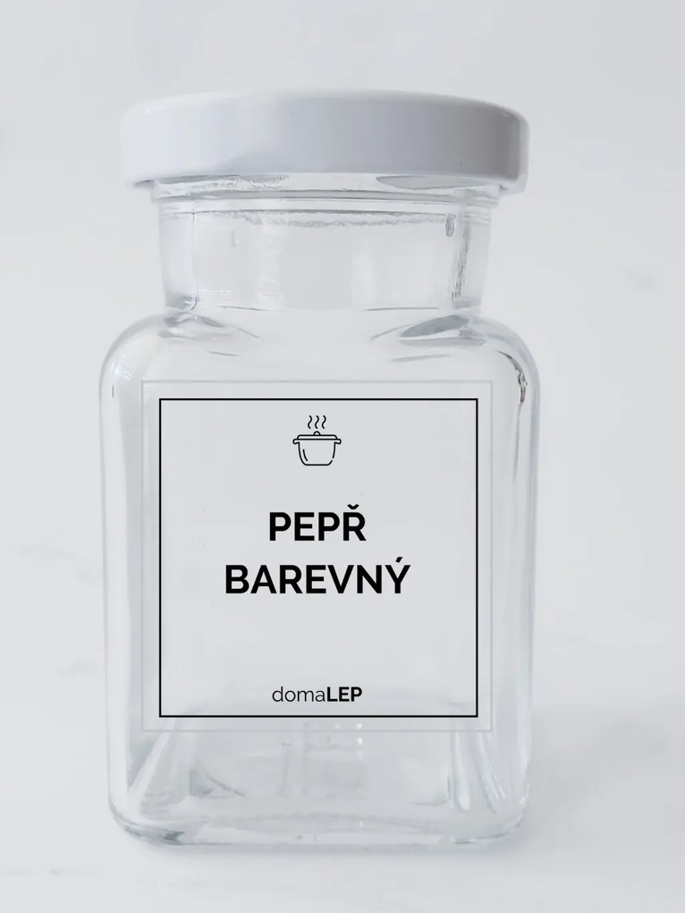 Samolepka na kořenky PEPŘ BAREVNÝ průhledná 5 × 5 cm tučné písmo