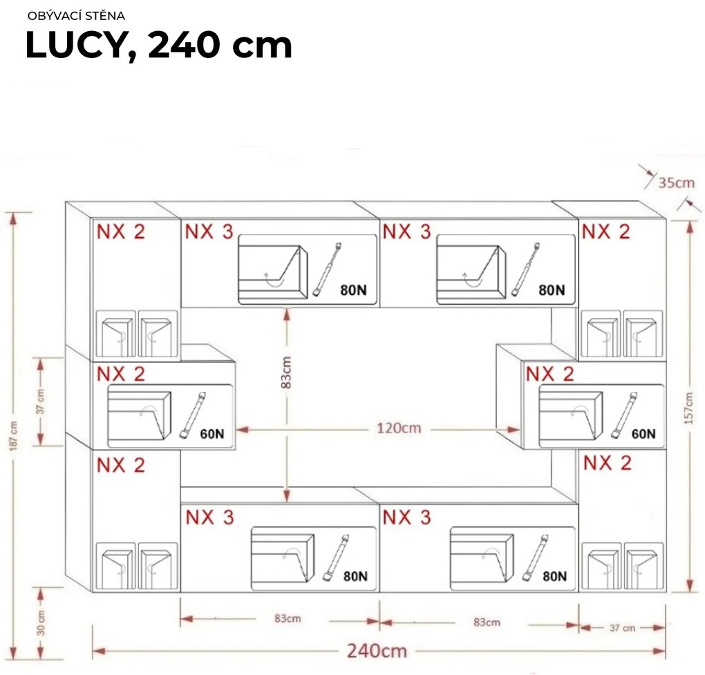 Ral Obývací stěna LUCY 4, 240 cm - Bílo/černý lesk