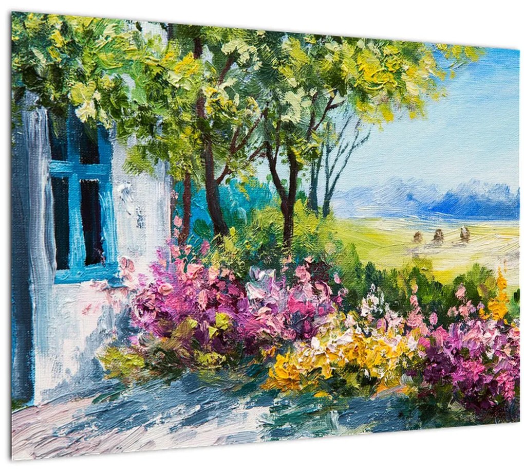 Skleněný obraz zahrádky před domem, olejomalba (70x50 cm)