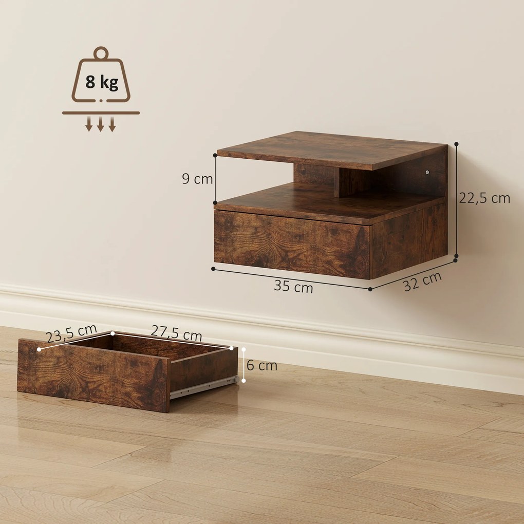 HOMCOM Sada 2 závěsných nočních stolků s šuplíkem, na montáž na stěnu 35x32x22,5 cm, rustikálně hnědá