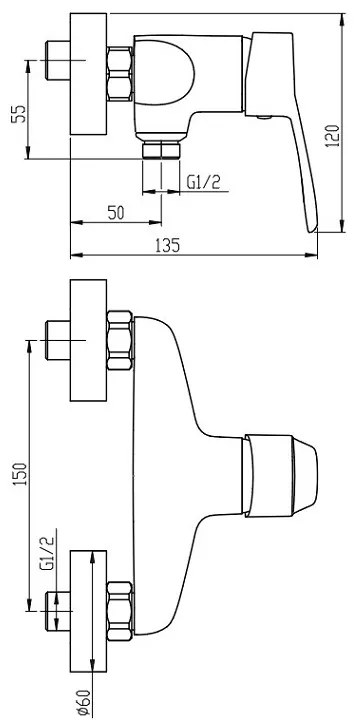 Sprchová, nástěnná, páková baterie Metalia Plano rozteč 150 mm