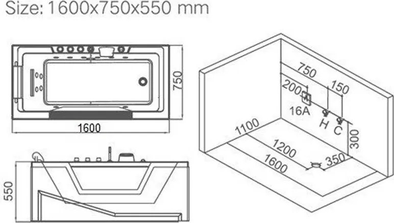 BPS-koupelny Hydromasážní vířivá vana Gomera 983C 162x75 s ohřevem vody