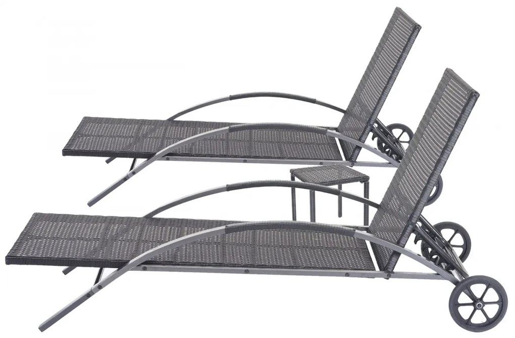 Set 2 zahradních lehátek HWC-E27, polyratan, černé polštáře - tmavě šedá