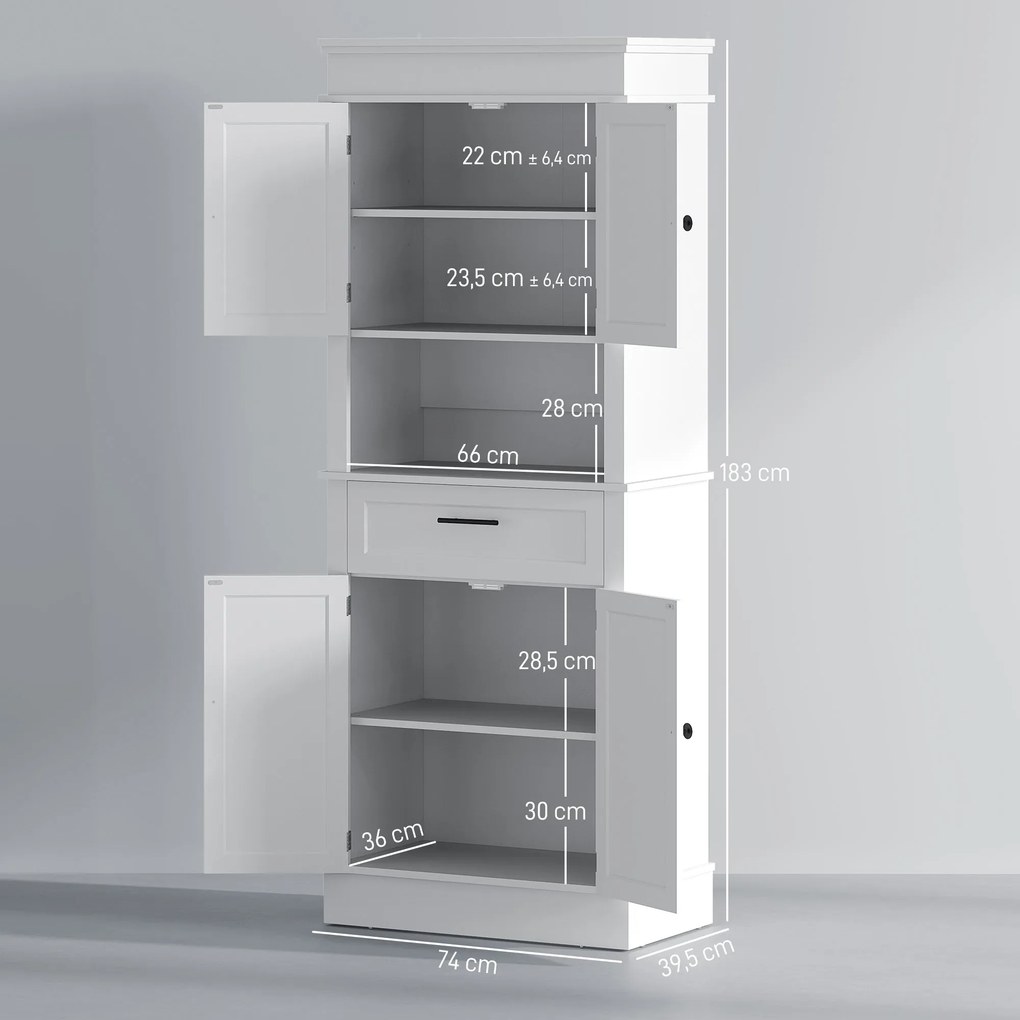 HOMCOM Kuchyňský úložný bufet s mikrovlnnou troubou s 4 dveřmi, 1 zásuvkou a otevřenou policí pro obývací pokoj 74x39,5x183 cm Bílý