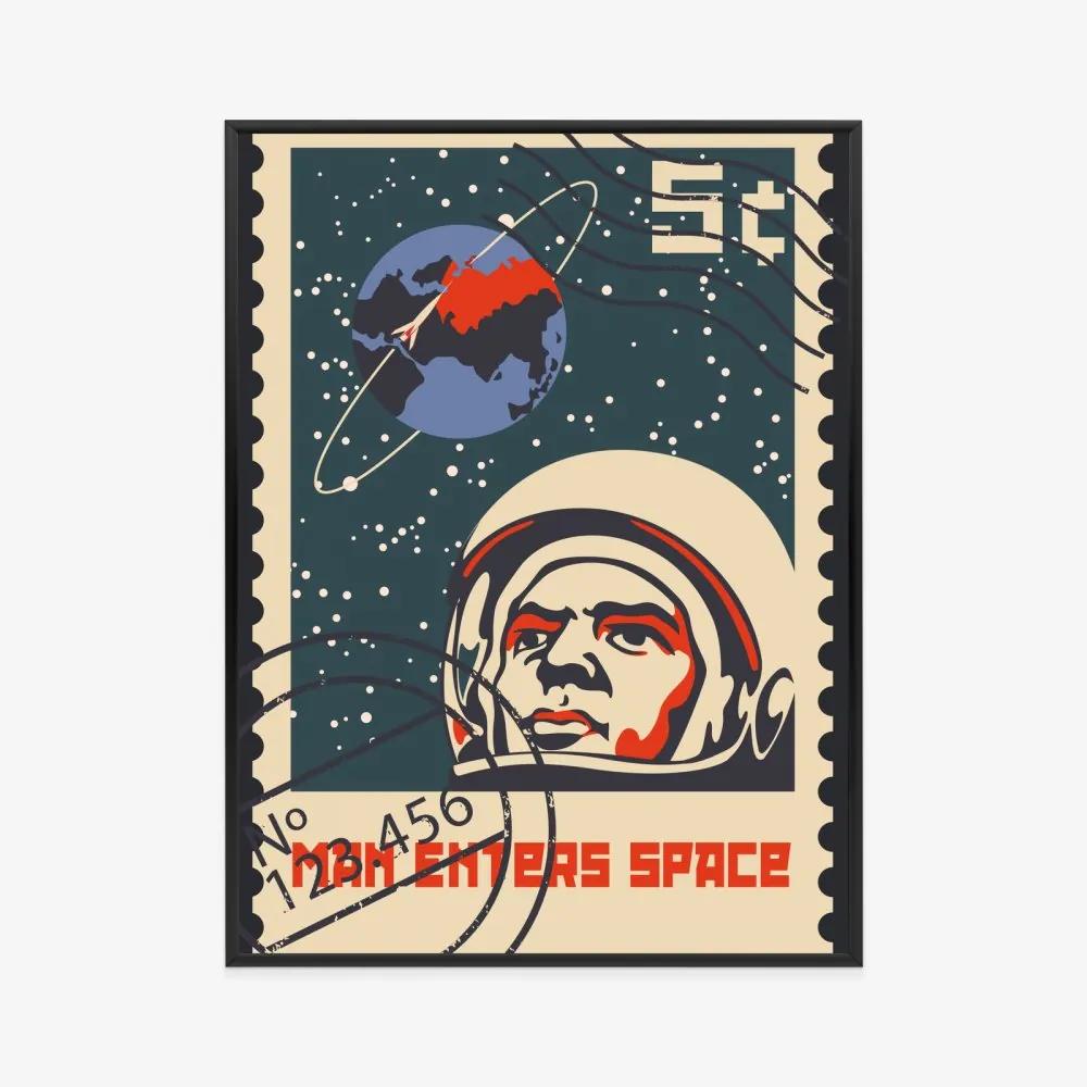 Plakát Vintage Poštovní Známka S Astronautem A Zemí Rám Hliník Barva Černá Černá Hliník Plakátový papír 60x80