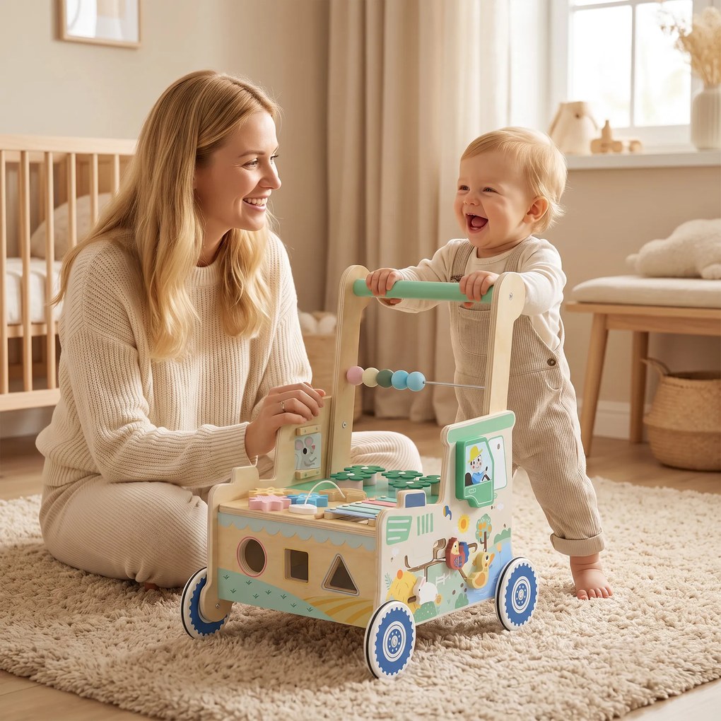 AIYAPLAY Dětský chodítko, chodítko s kolečky, stavebními kostkami, úložným prostorem, Montessori aktivní centrum pro děti od 1 do 3 let, zelené