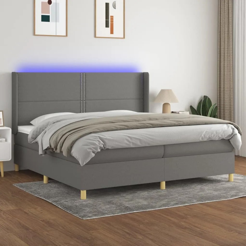 Box spring postel s matrací a LED tmavě šedá 200x200 cm textil