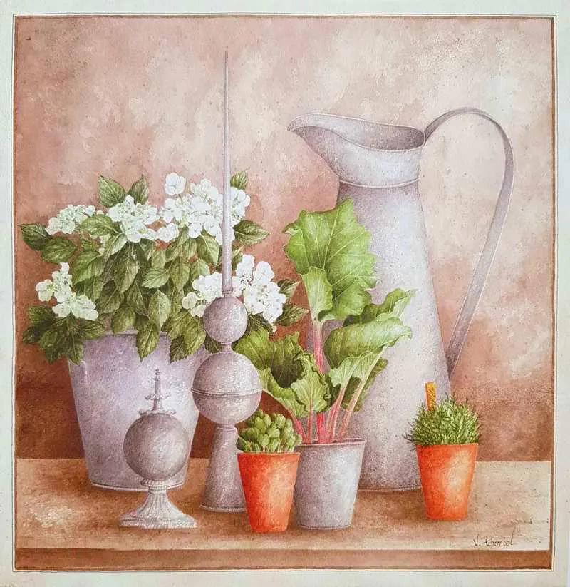 ART-STYLE Obrázek 30x30, nádoby &amp; květiny II., rám bílý s patinou