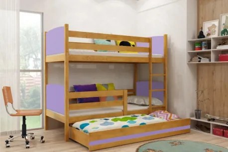 Patrová postel TAMI pro 3 osoby včetně matrací (Olše + Fialová)