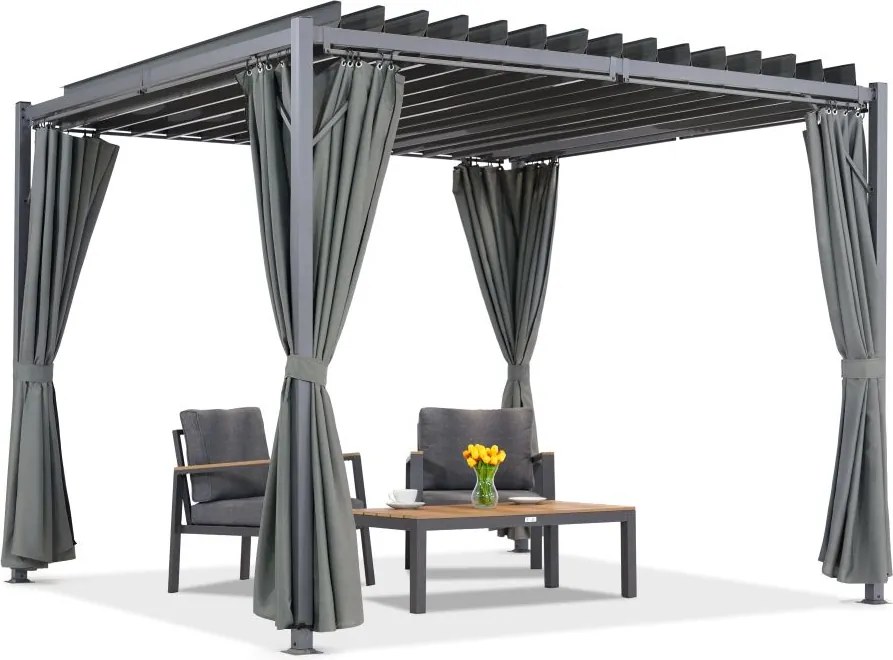 Antracitová terasová pergola Tasos 3x3 m se závěsy Garden Point