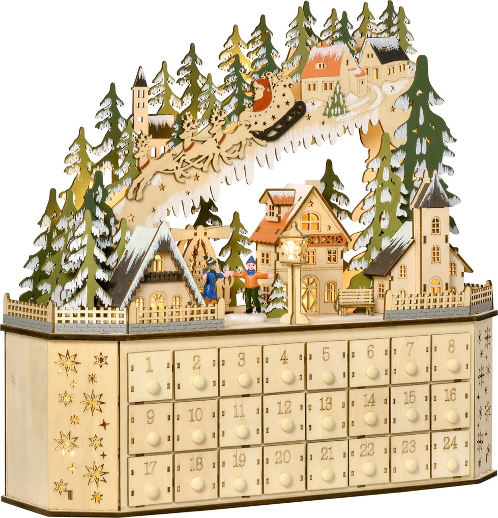 HOMCOM Adventní kalendář Vánoční dekorace, 24 zásuvek, LED světla, 39 cm x 9 cm x 42 cm, bílá + zelená 830-417