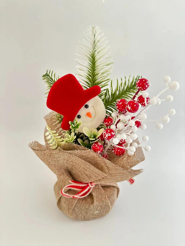 Sněhulák v umělé vánoční květinové dekoraci, 25x10cm