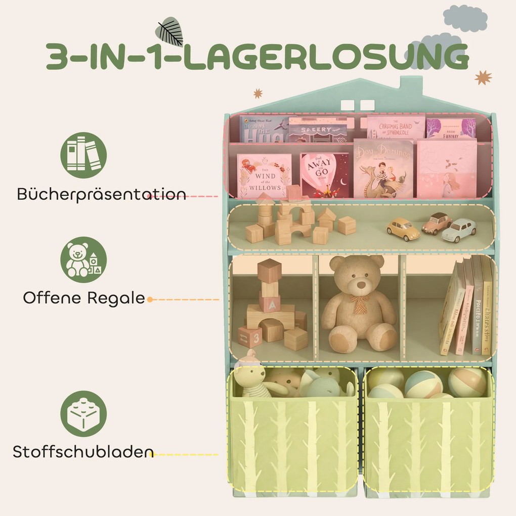 Dětský regál Dětský regál se 2 látkovými zásuvkami otevřený Regál pro 3-8 let 62,5x30x91,5 cm Zelený