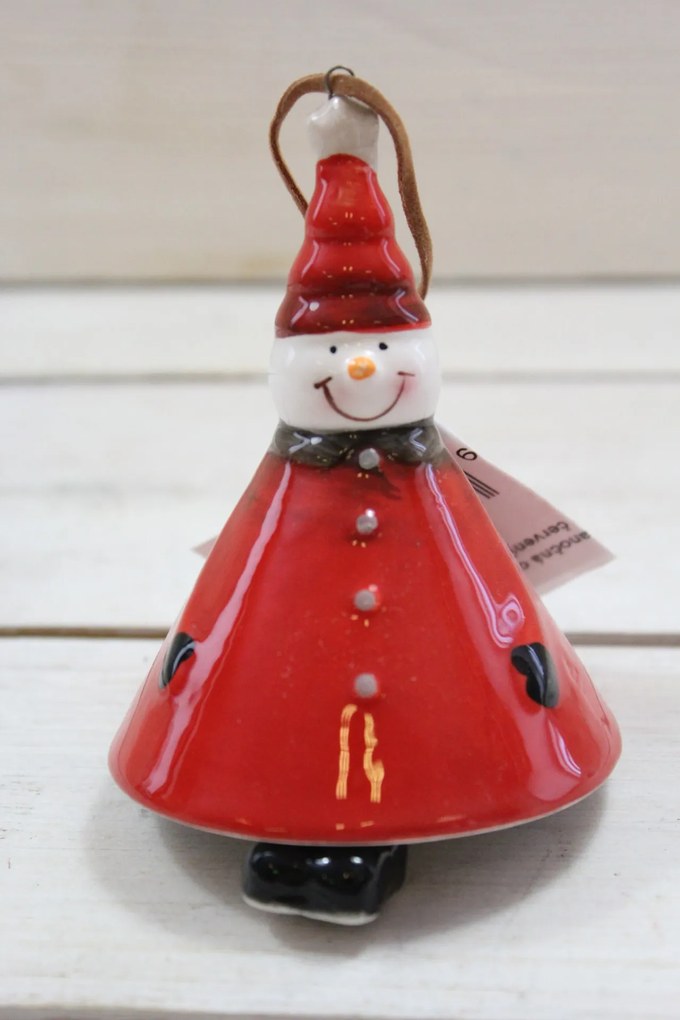 Vánoční ozdoba ZVONEK - SNĚHULÁK v červených šatech (v. 9 cm, p. 7 cm)