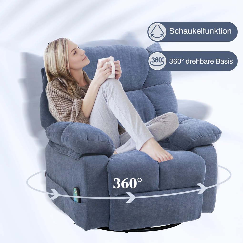HOMCOM Relaxační křeslo s masážní funkcí, elektrické TV křeslo s vyhříváním, polohovací funkcí, otočné masážní křeslo s pružinovým systémem 700-174V9…