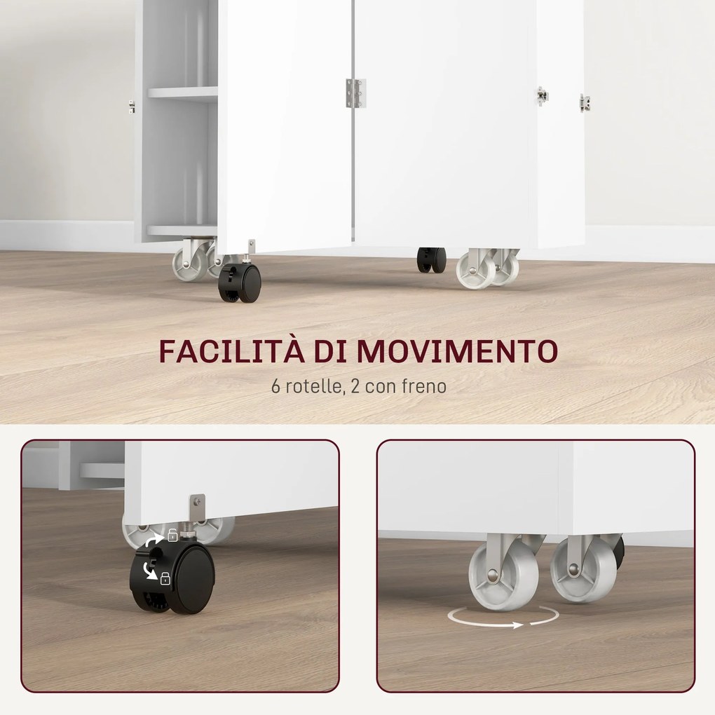 Skládací stůl HOMCOM s vyklápěcími deskami a 3 úrovněmi polic, úložná skříňka a kola, MDF, 130x80x76,5 cm, bílý