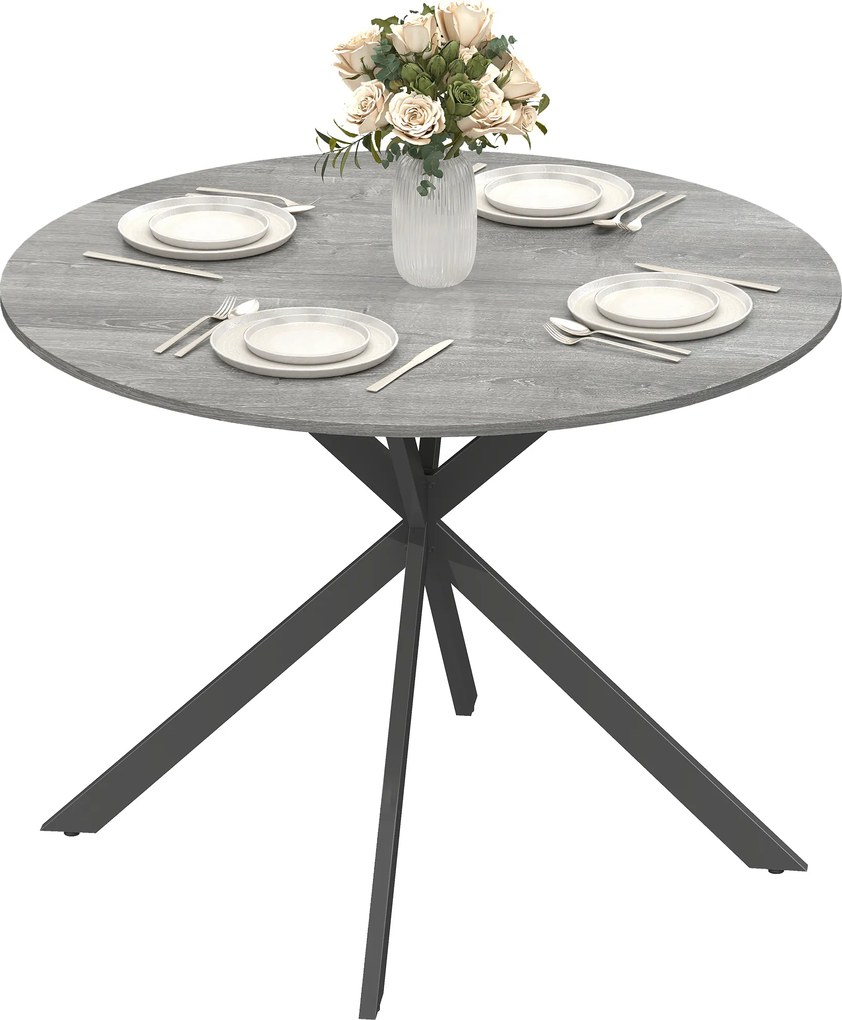 HOMCOM kulatý jídelní stůl pro 4 osoby, Ø100 cm, industriální styl s ocelovými X nohami, šedý