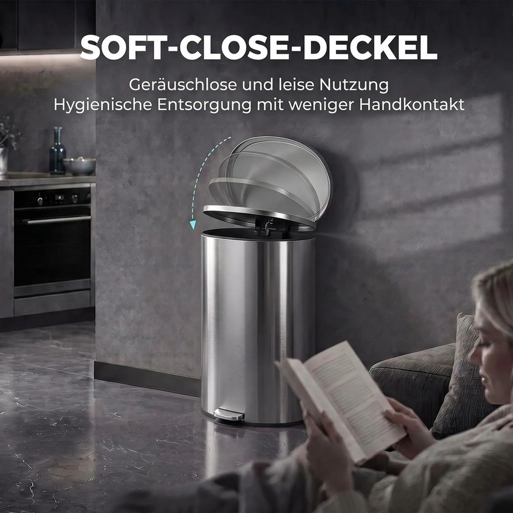 HOMCOM Odpadkový koš s víkem Soft-Close, pedálový koš s vyjímatelným vnitřním kbelíkem 30L, stříbrný