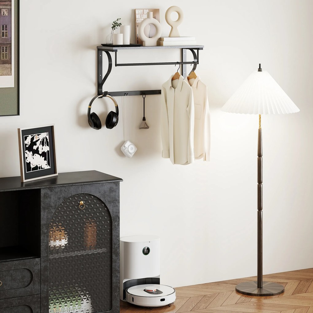 HOMCOM Nástěnný věšák na oblečení, věšáky na oblečení, 5 háčků, horní přihrádka, všestranné, šedá