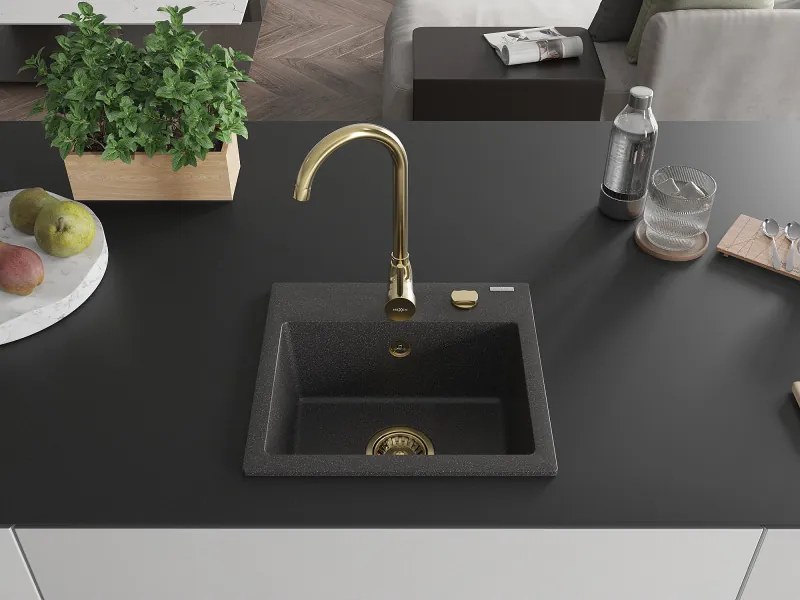 Mexen Milo, granitový dřez 435x410x171 mm, 1-komorový, černá skvrnitá se zlatým sifonem, 6505441000-76-G