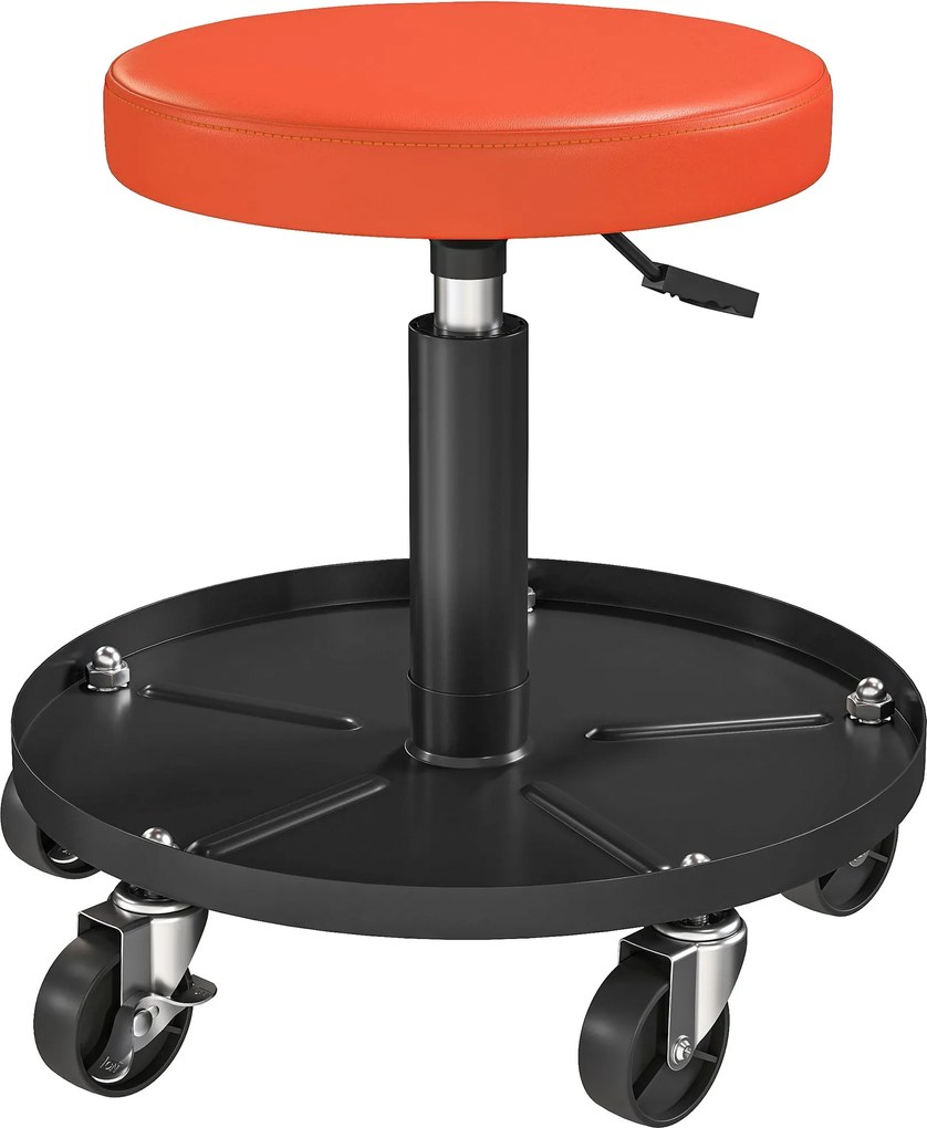 HOMCOM Pracovní stolička s kolečky, úložný prostor, nastavitelná výška 38-50 cm, nosnost do 135 kg, otočná pracovní stolička, Ø38 cm, oranžová | Aosom