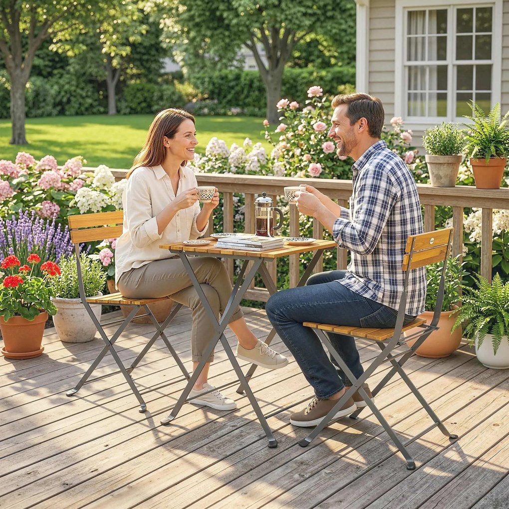 Outsunny Sedací souprava 3 ks jídelní souprava pro 2 osoby skládací jídelní stůl se 2 skládacími židlemi na terasu balkon teakové dřevo