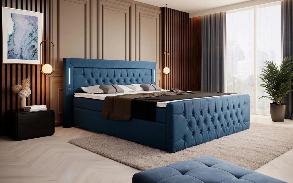 Boxspring postel ELEGANCE s úložným prostorem, LED a USB, samet Velikost postele: 140 × 200 cm, Barvy sametu: Modrý samet, Výběr matrace: Oboustranná…
