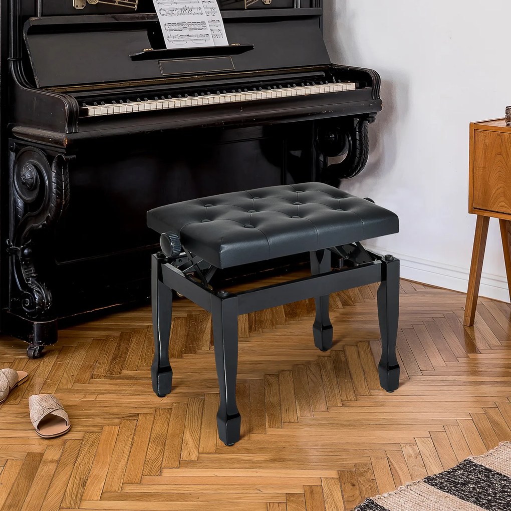 HOMCOM Výškově nastavitelná klavírní stolička Klavírní lavice Kosmetická stolička z masivního dřeva s potahem z imitace kůže černá 64 x 35 x 45-55 cm…