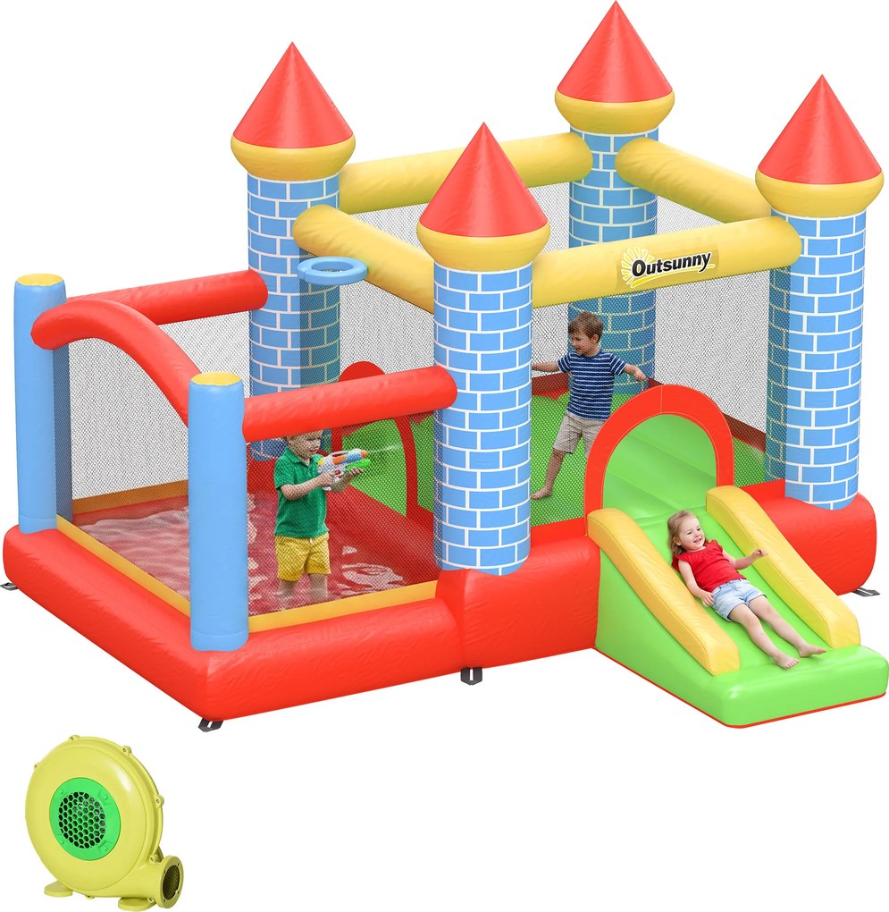 Outsunny skákací hrad s ventilátorem a skluzavkou, bazén, unese až 90 kg pro 3 děti, pro věk 3-8 let, červeno-modro-zelený, 280x260x210 cm