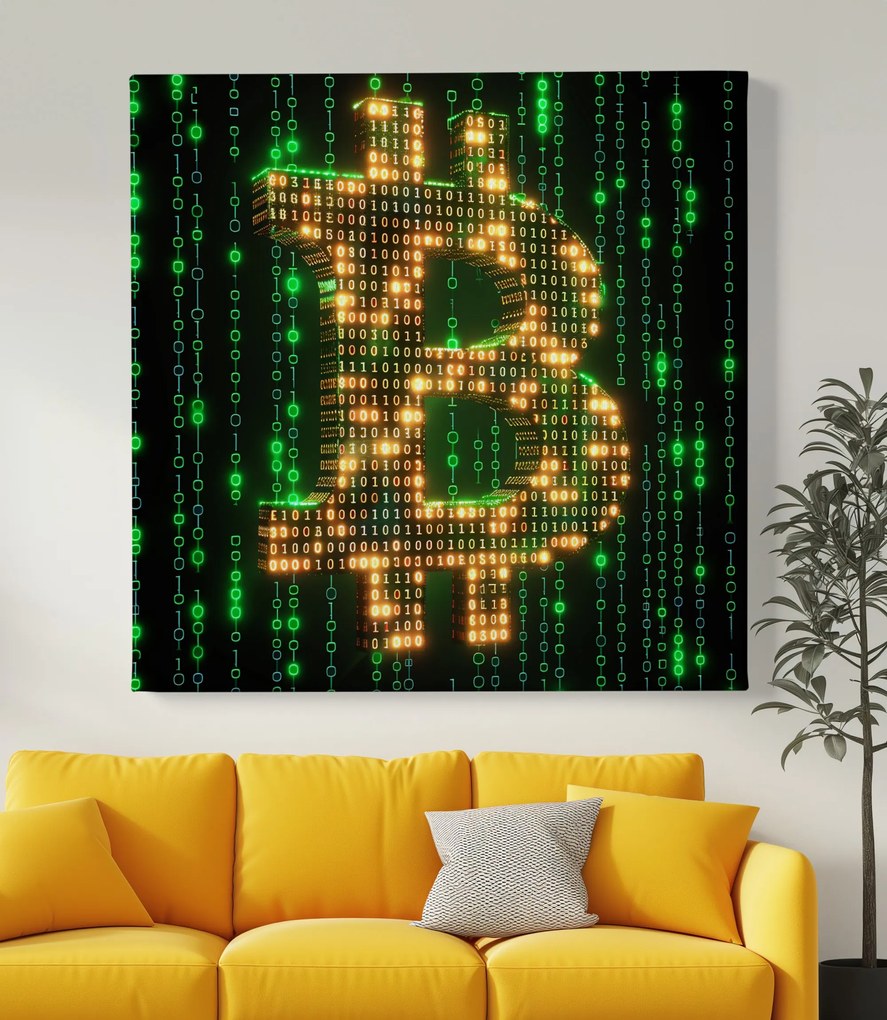 Obraz na plátně - Bitcoin Matrix FeelHappy.cz Velikost obrazu: 100 x 100 cm