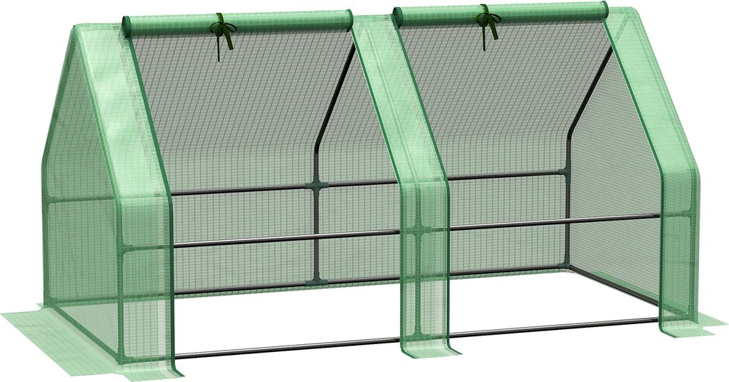 Outsunny Mini Skleníček do Zahrady Mini Tonnelová Skleník 180L x 90W x 90H cm Špičatá Střecha Ocel Vysoká Hustota 140 g/m² Anti-UV 2 Okenka s Rolovací