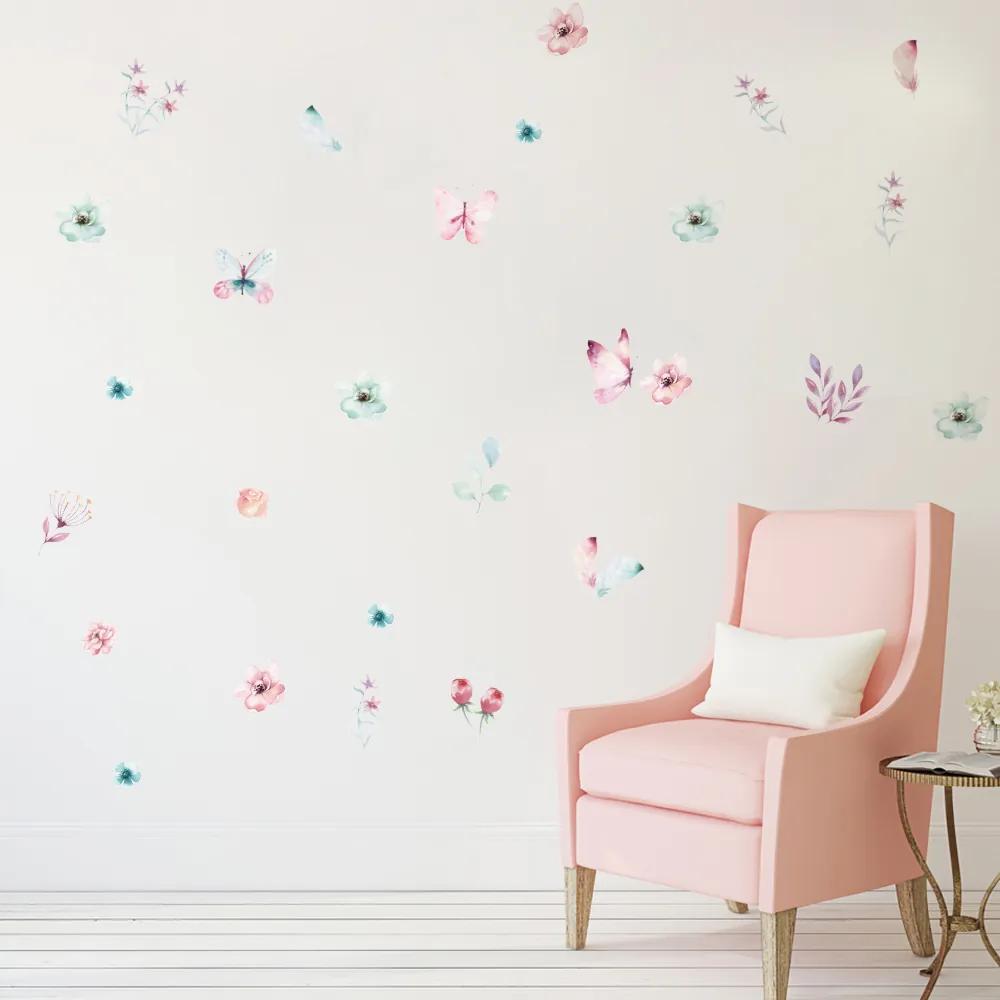 Funlife Samolepky na zeď pro holky motýli a květiny 7 x 6 cm