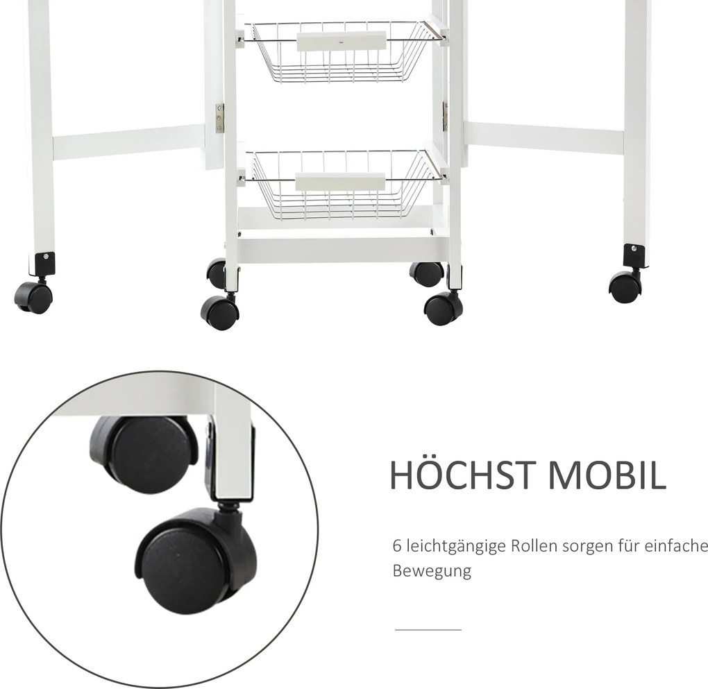 HOMCOM Skládací kuchyňský vozík s 6 koly, 1 zásuvkou a 3 kovovými koši - Multifunkční servisní vozík pro úložný prostor s nosností 50 kg, 97,2x37x77,…