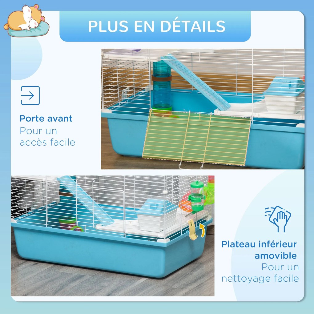PawHut Klec pro Křečky a Hlodavce 3 Úrovně s Tunelovým Systémem, Lahvičkou na Vodu, Kolotočem, Domkem a Žebříky - rozměry 59L x 36W x 47H cm