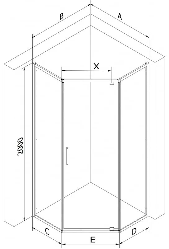 Mexen Exo, pětiúhelníkový sprchový kout s výklopnými dveřmi 100 x 100 cm, 6mm čiré sklo, černý profil, 812-100-100-70-00