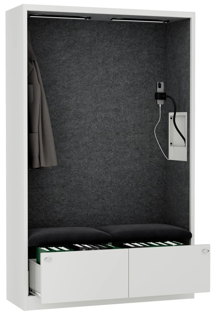 Kancelářská akustická kabina se sedátkem a USB-C portem, korpus bílý / sedák tmavě šedá, 1150 mm: SALLY MentalBox