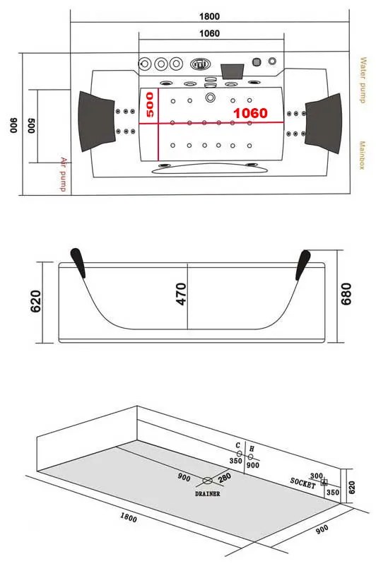 BPS-koupelny Hydromasážní vířivá vana Levante 659 180x90 s ohřevem vody