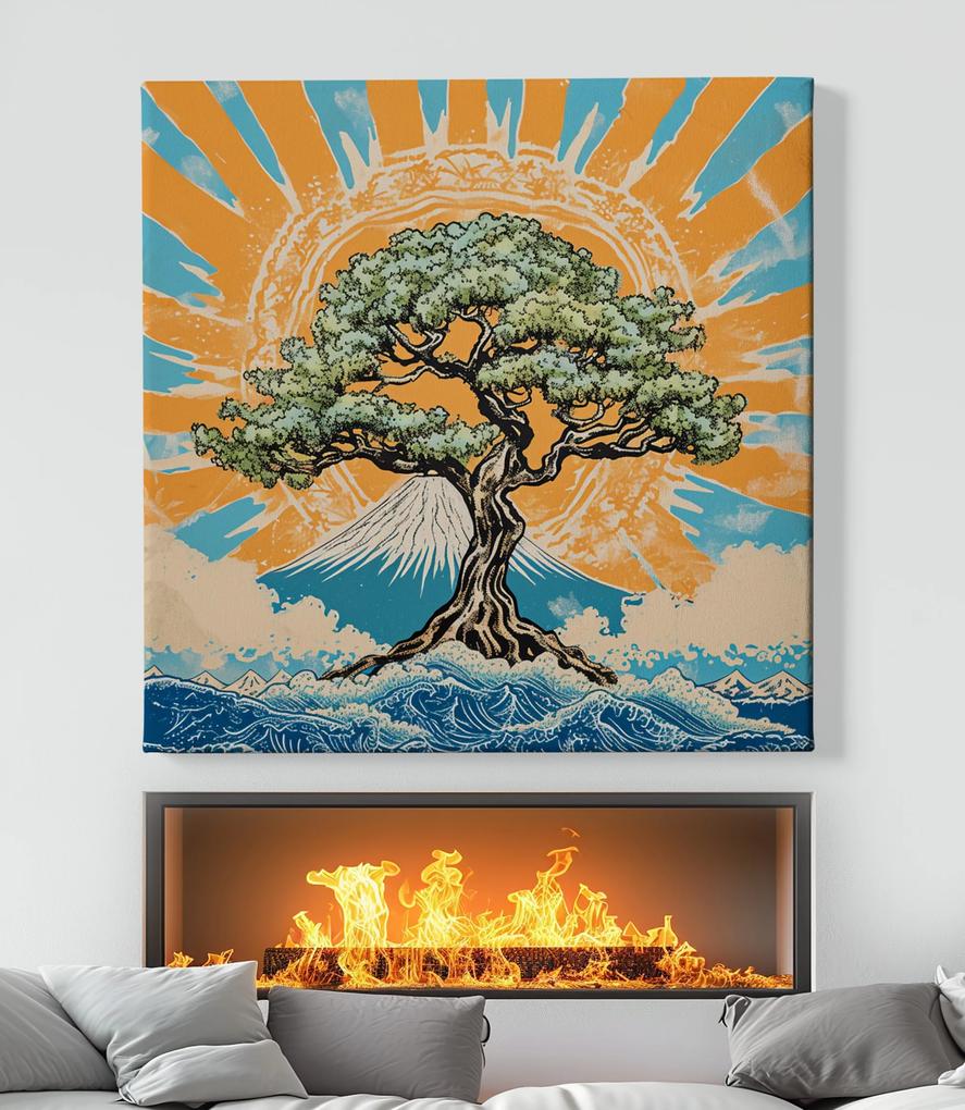 Obraz na plátně - Strom života Slunce a hora Fuji FeelHappy.cz Velikost obrazu: 100 x 100 cm